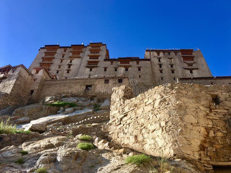 Low Angle Shot of the Facade of a Monastery on a Mountain in Ladakh ...