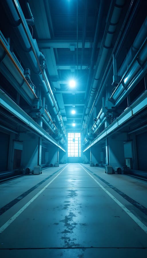 Endless Blue Industrial Corridor with Distant Light Perspective Stock ...