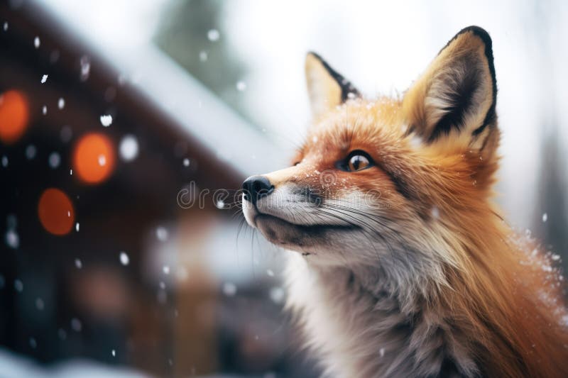 Low Angle Shot of Fox with Snow Falling Around it Stock Image - Image ...