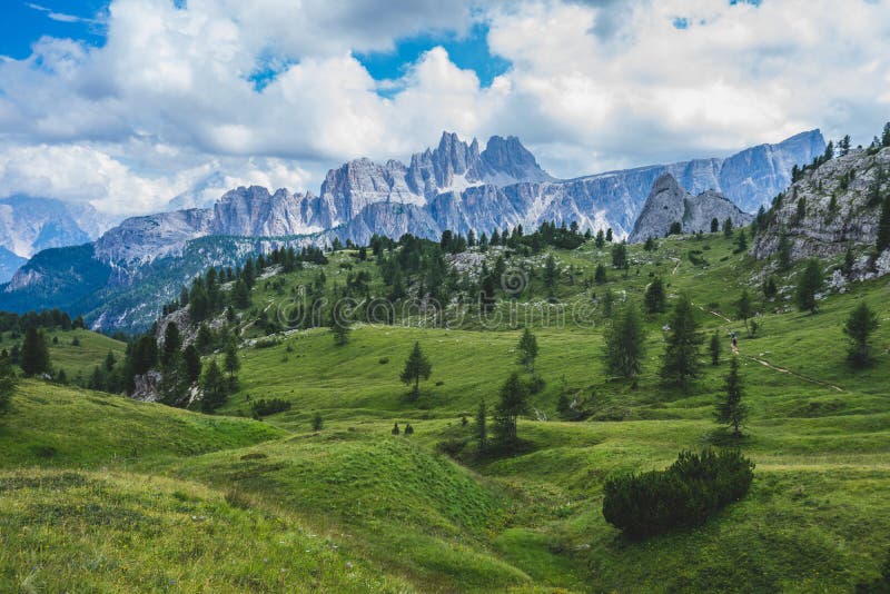 Low Angle Shot of a Greenfield Surrounded by Mountains Under the Cloudy ...