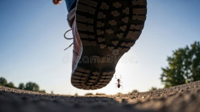 A Low-angle Shot of a Large Boot about To Step on a Tiny Ant. Stock ...