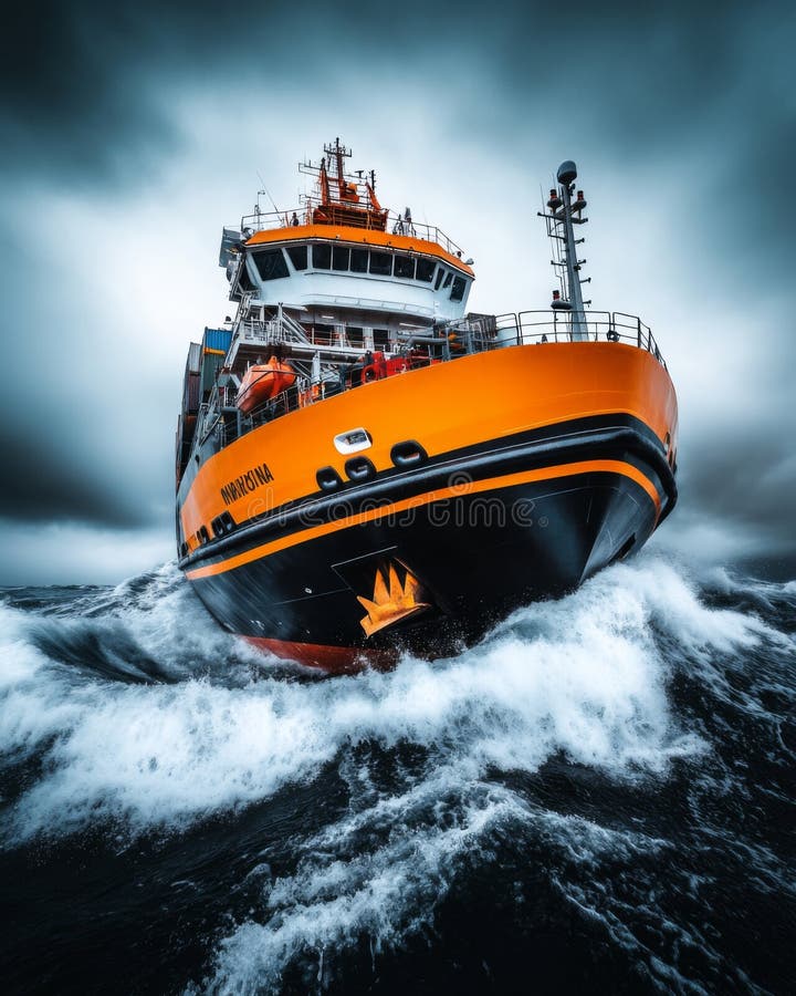 Low Angle Shot of a Large Container Ship Sailing on Huge Ocean Waves ...