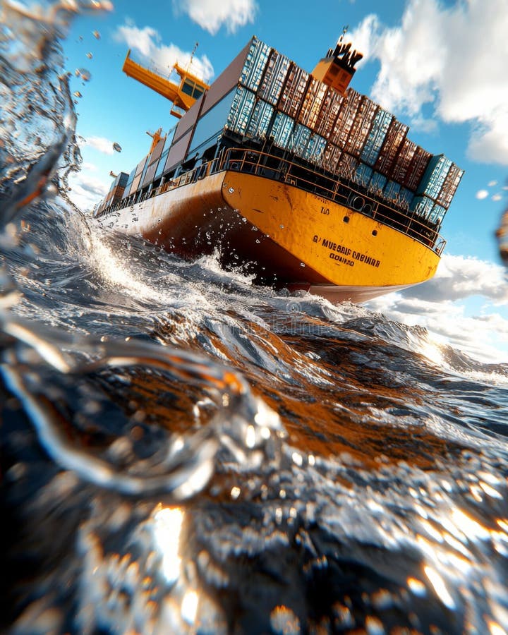 Low Angle Shot of a Large Container Ship Sailing on Huge Ocean Waves ...