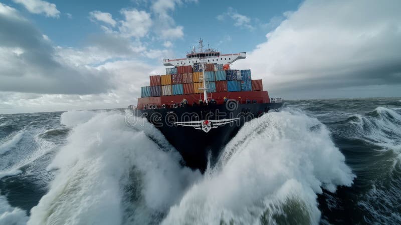 Low Angle Shot of a Large Container Ship Sailing on Huge Ocean Waves ...