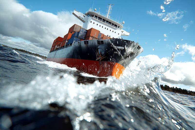 Low Angle Shot of a Large Container Ship Sailing on Huge Ocean Waves ...