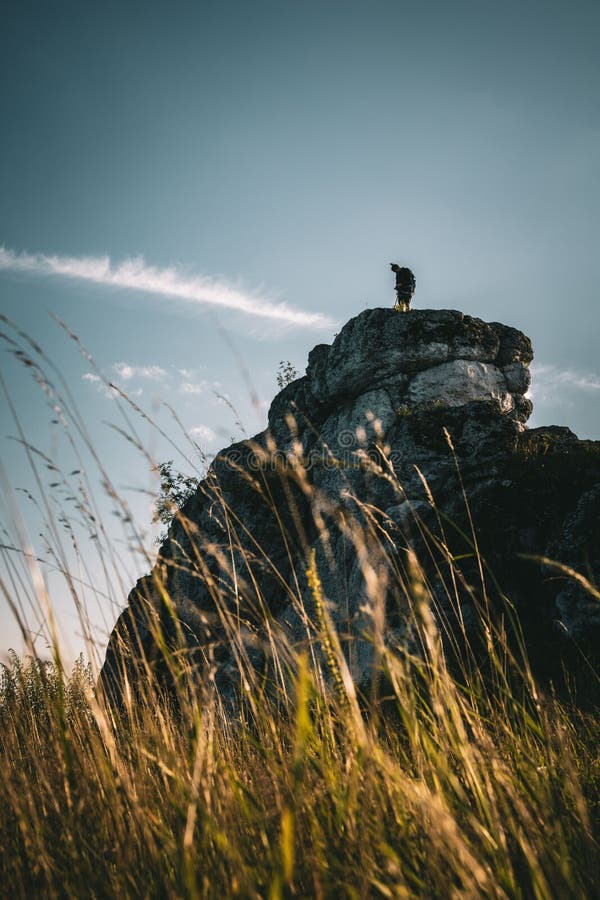 Low-angle Shot of a Man Standing at the Top of a Huge Cliff Stock Image ...