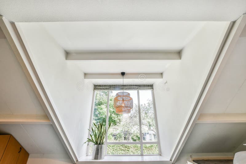 Low Angle Shot of a Mansard Window with a Houseplant on a Windowsill ...
