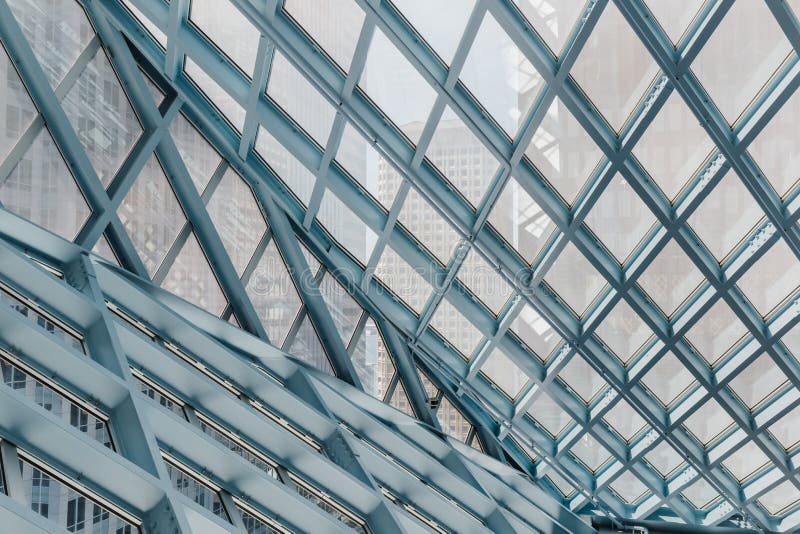 Low Angle Shot of Modern Building Interior with Glass Windows Stock ...