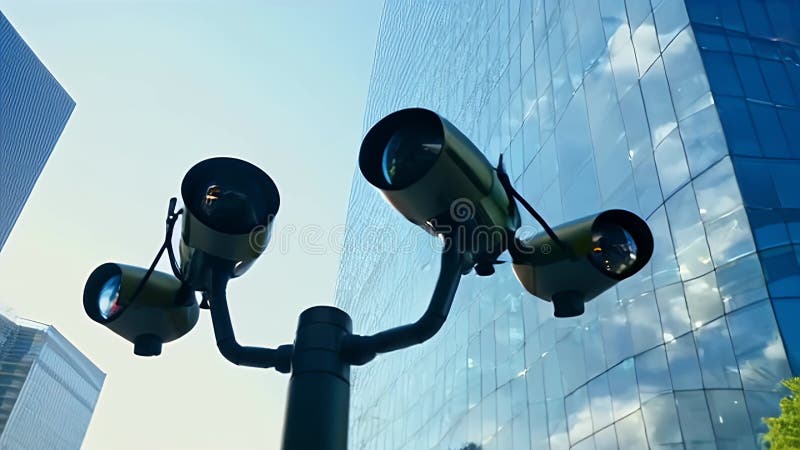 Modern Security Camera System in Urban Setting with Glass Buildings and ...