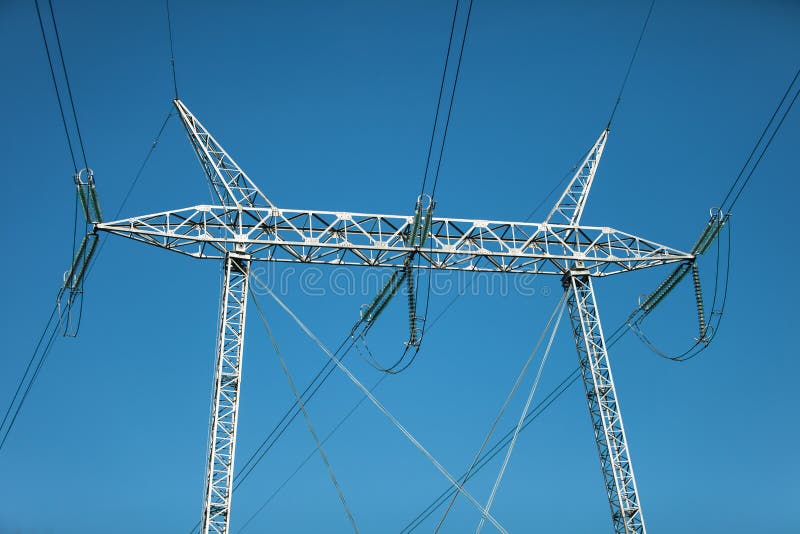 Low Angle Shot of Overhead High-voltage Power Lines Stock Image - Image ...