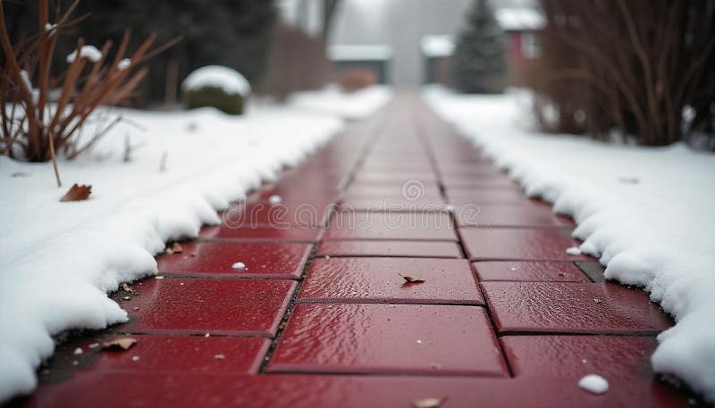 Winter Pathway Scene with Red Brick and Snow Stock Photo - Image of ...