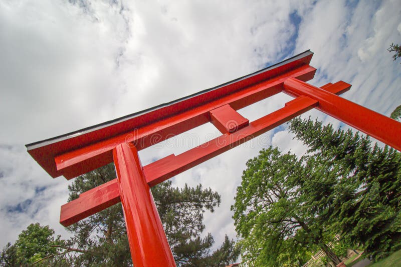 Low-angle Shot of a Red Japanese-styled Torii Gate Stock Photo - Image ...