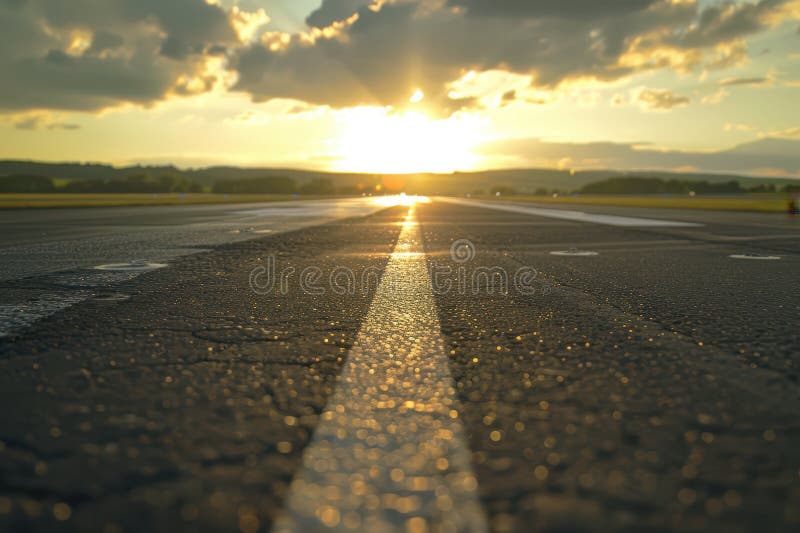 A Low Angle Shot of a Runway Asphalt Cinematic in Evening with a Sunset ...