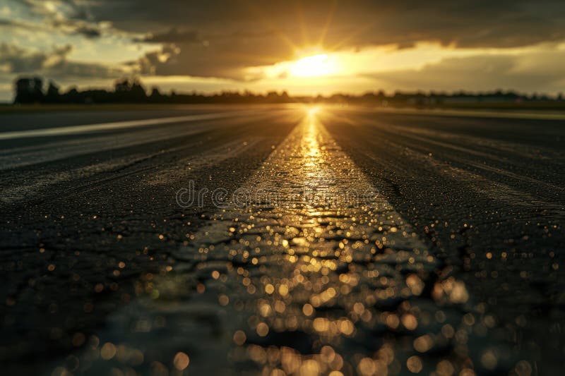 A Low Angle Shot of a Runway Asphalt Cinematic in Evening with a Sunset ...