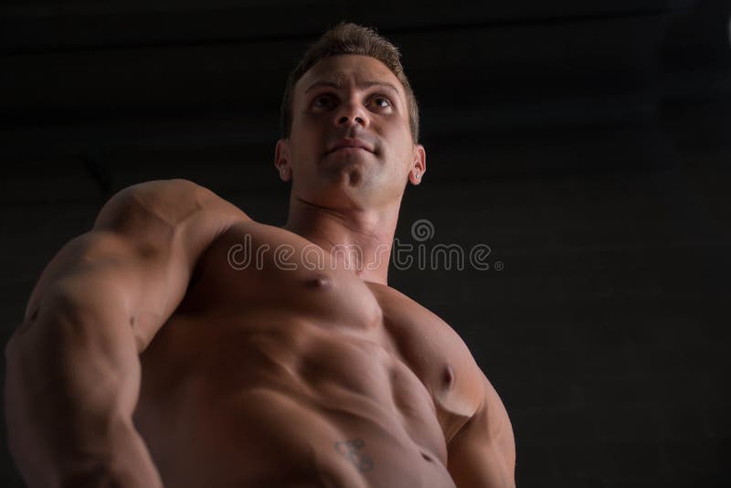 Low Angle Shot of Shirtless Male Bodybuilder on Stock Image - Image of ...