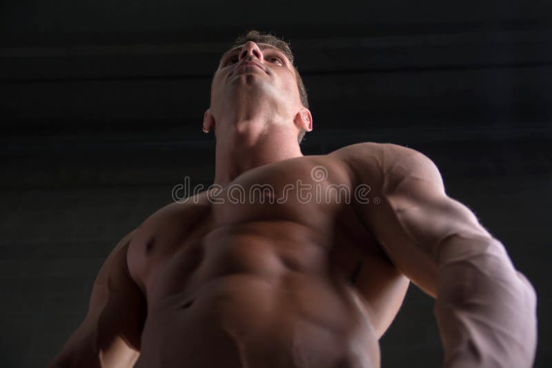 Low Angle Shot of Shirtless Male Bodybuilder on Stock Image - Image of ...
