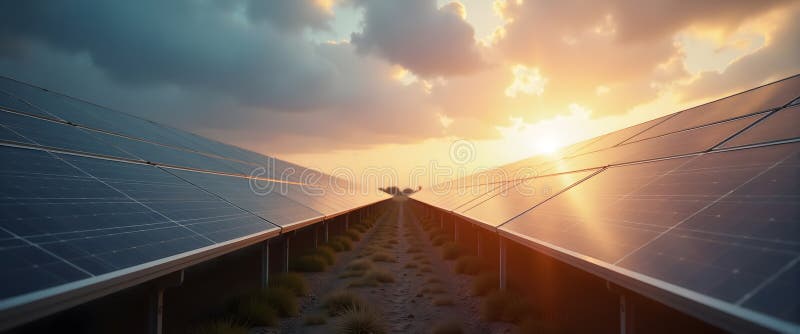 Long Row of Solar Panels in Field Under Dramatic Sunset Sky, Renewable ...