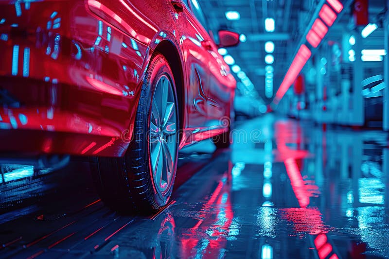 Low Angle Shot of the Side of a Red Car Parked in a Large Garage in a ...