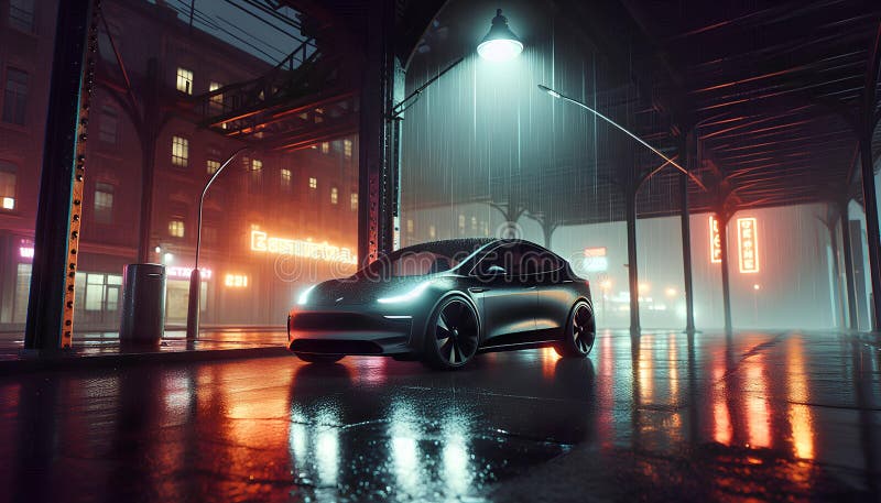 Low-Angle Shot of Sleek Electric Vehicle at Night Stock Illustration ...