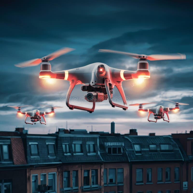A Low-angle Shot of Small Quadcopter Drones Hovering Above Urban ...