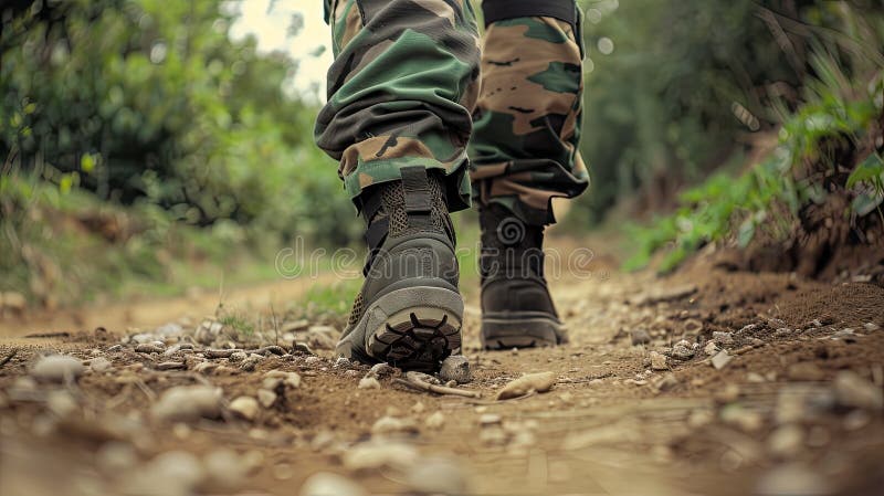 A Low-angle Shot of a Soldiers Feet Walking on a Dirt Path through a ...