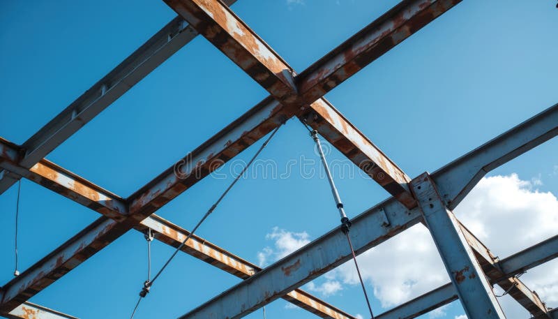 Low Angle Shot of Steel Framework Against Blue Sky. Construction Site ...