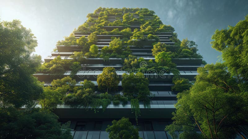 Low Angle Shot of a Vertical Forest Building, Lush Greenery Cascading ...