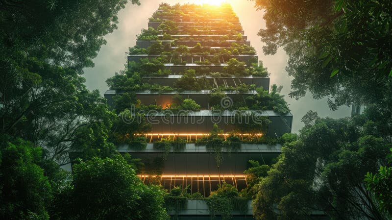 Low Angle Shot of a Vertical Forest Building, Lush Greenery Cascading ...