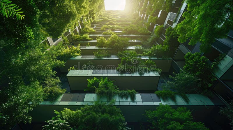 Low Angle Shot of a Vertical Forest Building, Lush Greenery Cascading ...