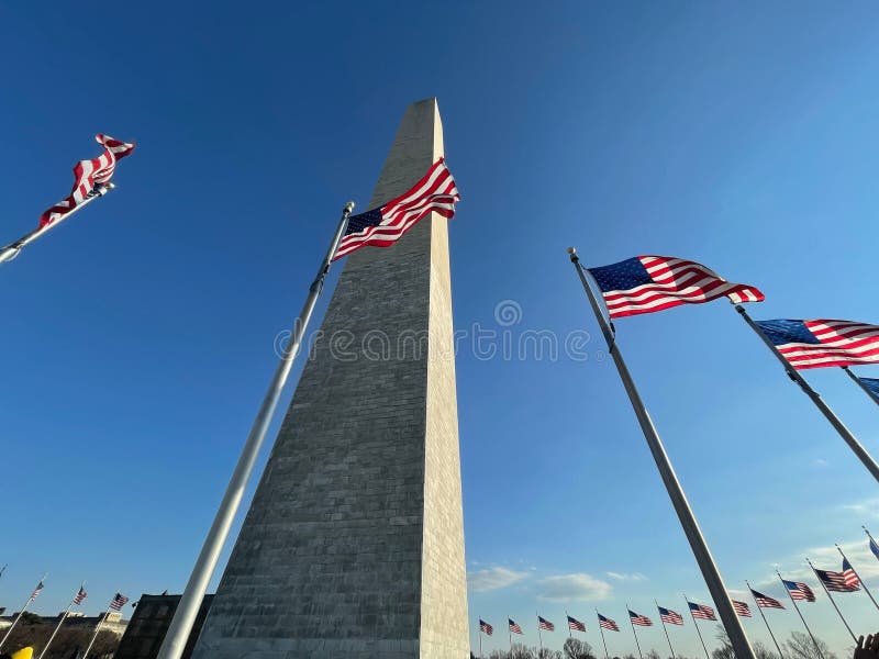 Low Angle Shot of the Washington Monument Surrounded by US Flags Under ...