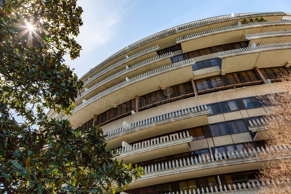 Low Angle Shot of the Watergate Complex in Washington DC and a Green ...
