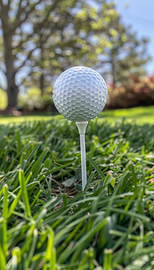 Low Angle Shot of a White Golf Ball on a Tee with Blurred Green Course ...