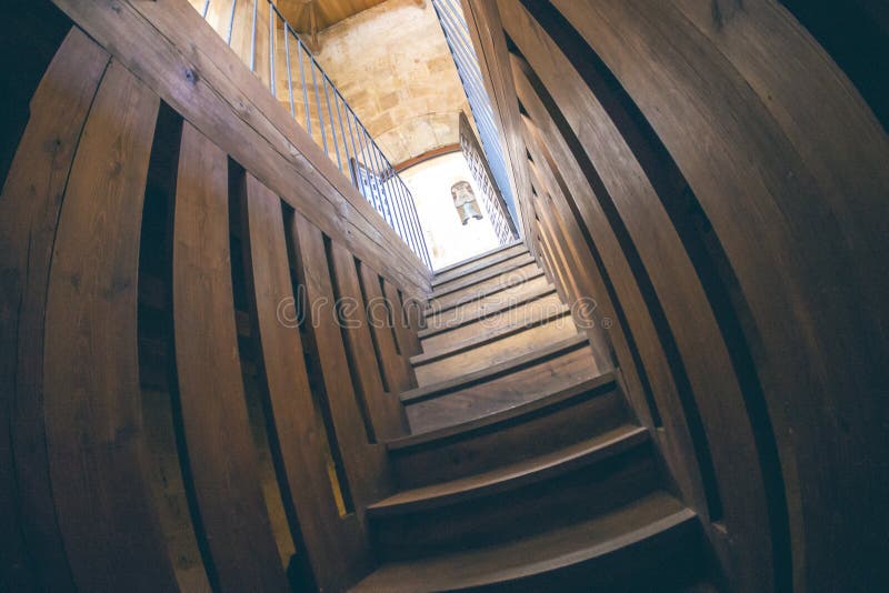 Low Angle Shot of Wooden Stairs with Wooden Railings Stock Image ...