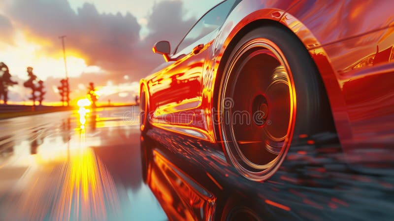 Low Angle Side View of Car Driving Fast at Sunset with Motion Speed ...