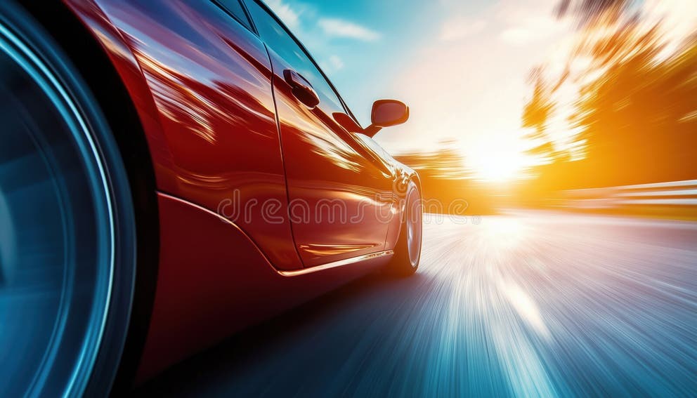 Low Angle Side View of Fast-Driving Car with Sun and Motion Speed ...