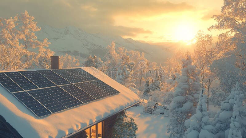 Low-Angle Solar Panel Cabin at Sunrise, Winter Scene, Energy and Nature ...