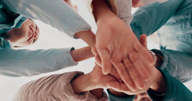 Low Angle, Stack and Hands with Family, Love and Care with Support and ...