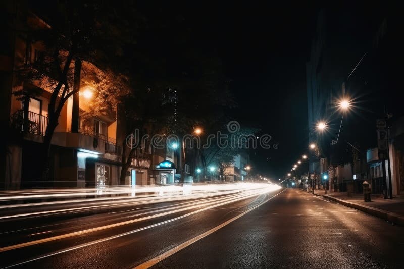 Low Angle Street View at Night with Long Light Trails Long Exposure ...