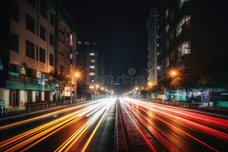 Low Angle Street View at Night with Long Light Trails Long Exposure ...