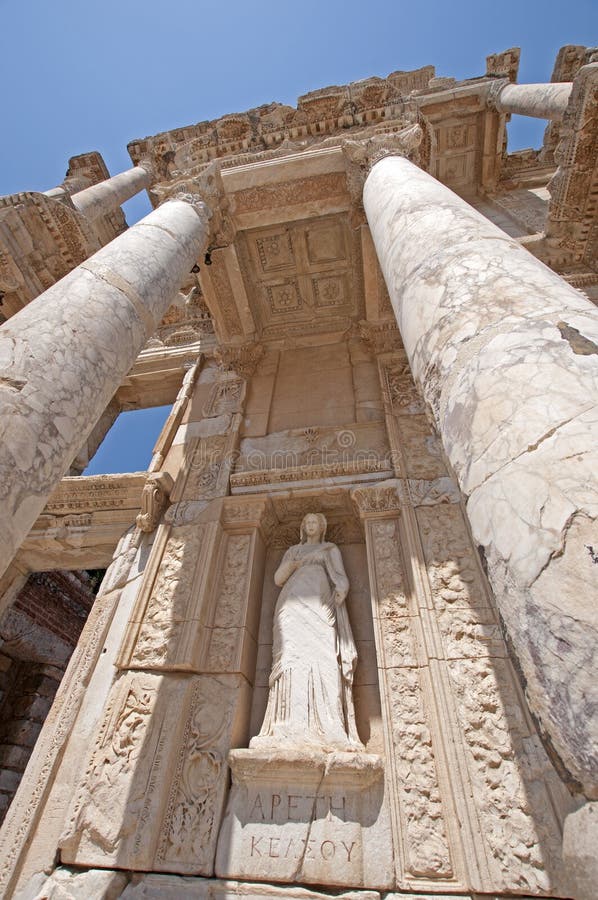 Low Angle of a Sunny Statue in Library of Celsus in Ephesus, Turkey ...