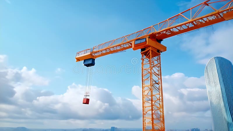 Low Angle of a Swaying Orange Crane Against the Blue Sky with Clouds ...