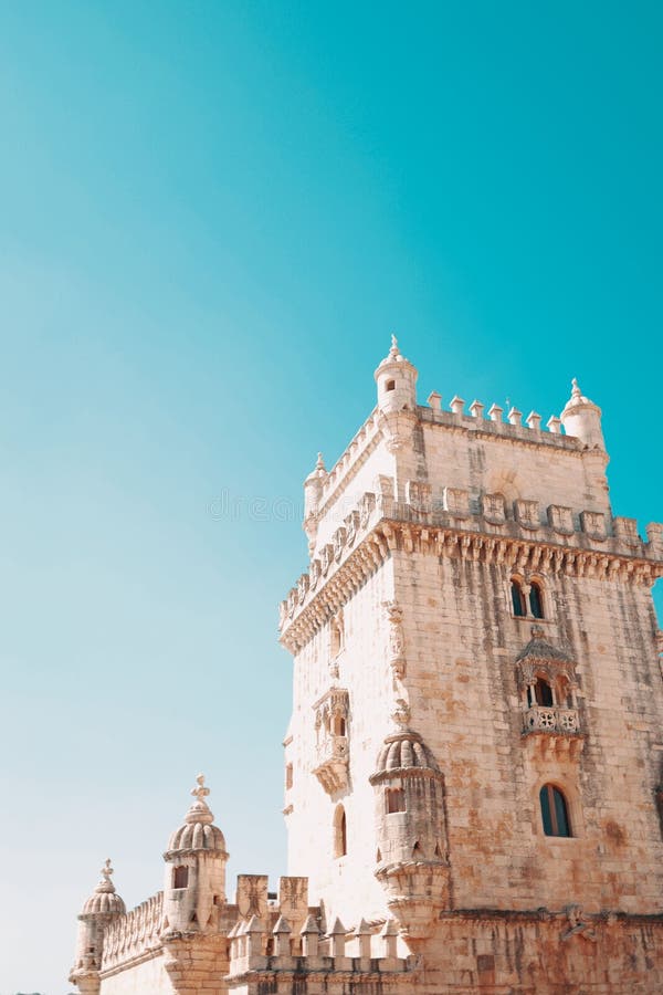 Low-angle Vertical of Belem Tower Fortification Clear Sunlit Sky ...