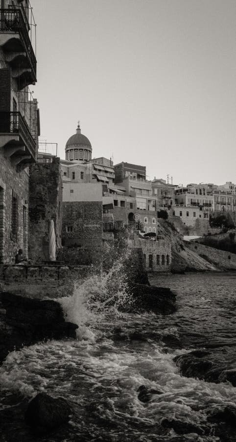 Low-angle Vertical Grayscale of a Street of Ermoupolis with Unique ...