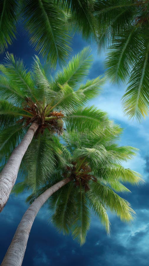 Low Angle Vertical View Featuring Green Palm Trees Against a Blue Sky ...