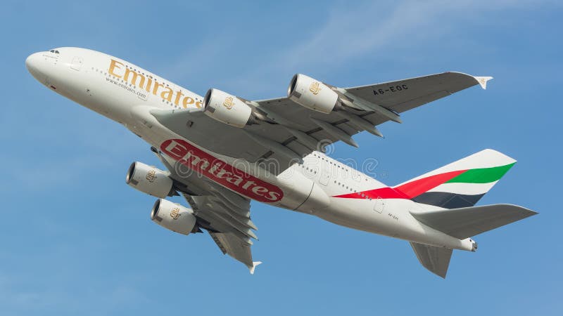 Low Angle View of the Airbus 380 Emirates Airline on a Blue Sky ...