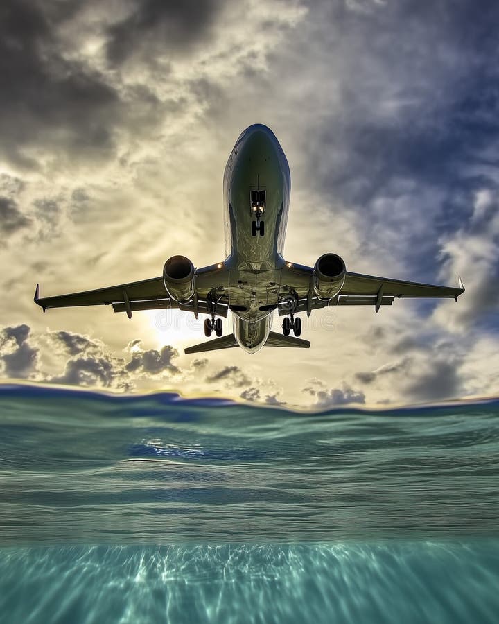 Low-Angle Aircraft Landing with Dramatic Water Mirror Effect Under ...