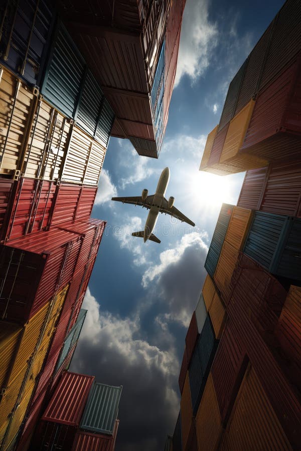 Low Angle View of Airplane Flying Overhead between Colorful Stacked ...