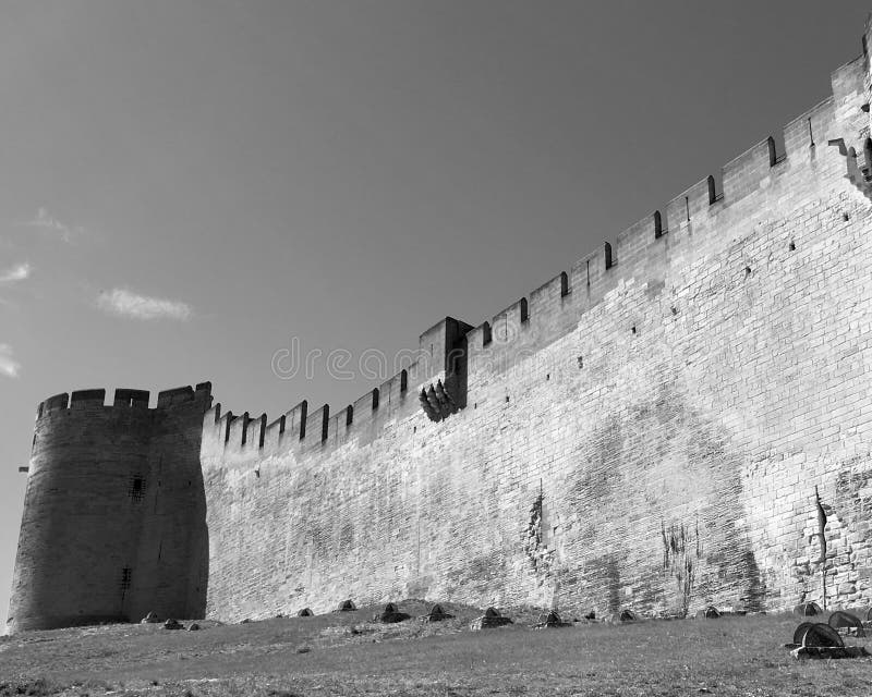 Low-angle View of an Ancient Fortress in Black and White Stock Photo ...
