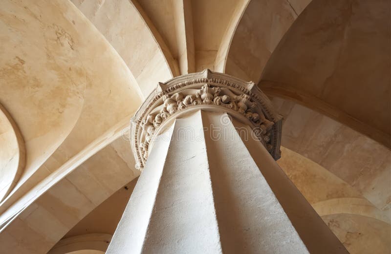 Low Angle View of Antique Building Ceiling with Stone Column, Arches ...