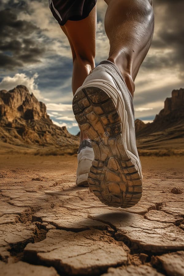 Low Angle View of an Athlete Running through a Desert Landscape ...